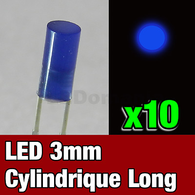 271/10# LED diffusant 3mm bleu cylindrique 10pcs ->300 mcd - Flat Top ...
