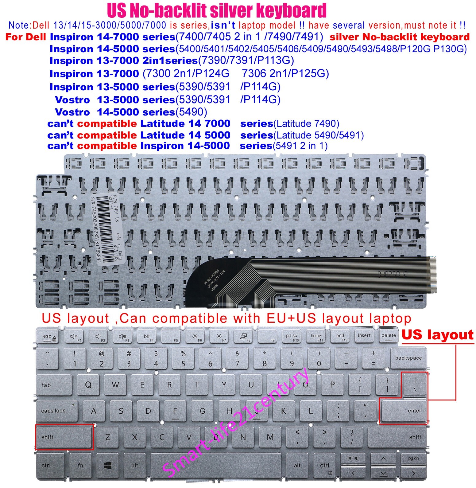 silver No-Backlit Keyboard for Dell Vostro 5390 5391 5490 P114G 7306 ...