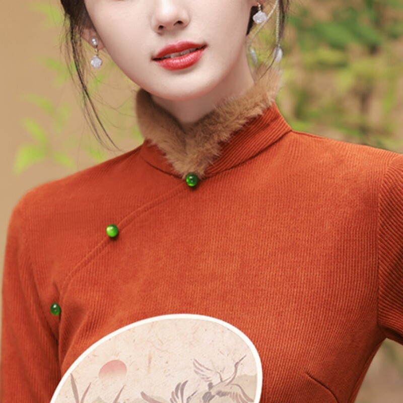 Women Chinese Cheongsam Dress Side Slit Faux Fur Trim Thick Long Sleeve ...