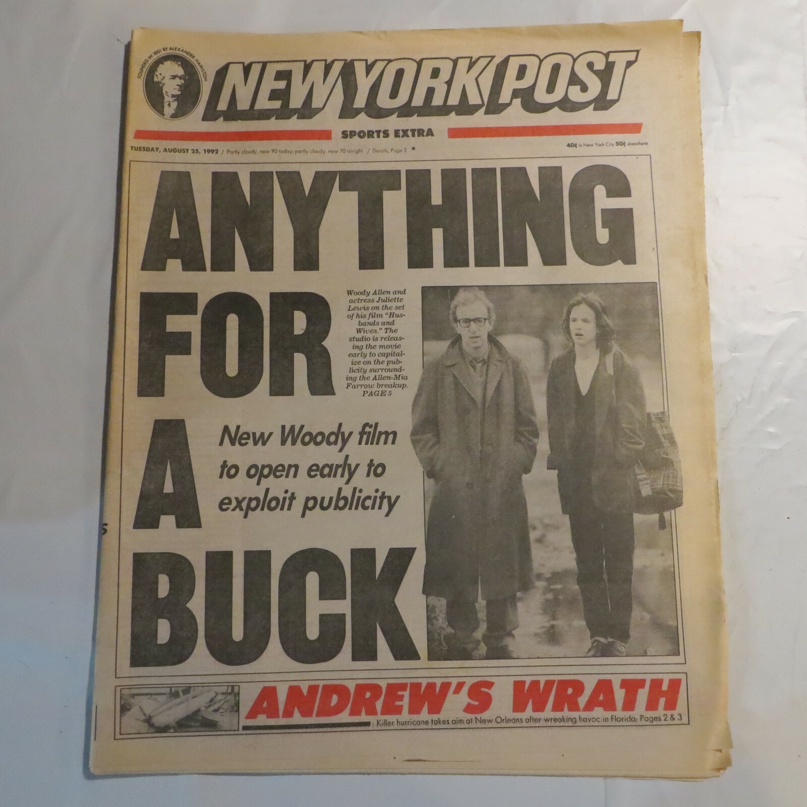 New York Post August 25 1992 Woody Allen Mia Juliette Lewis Hurricane ...
