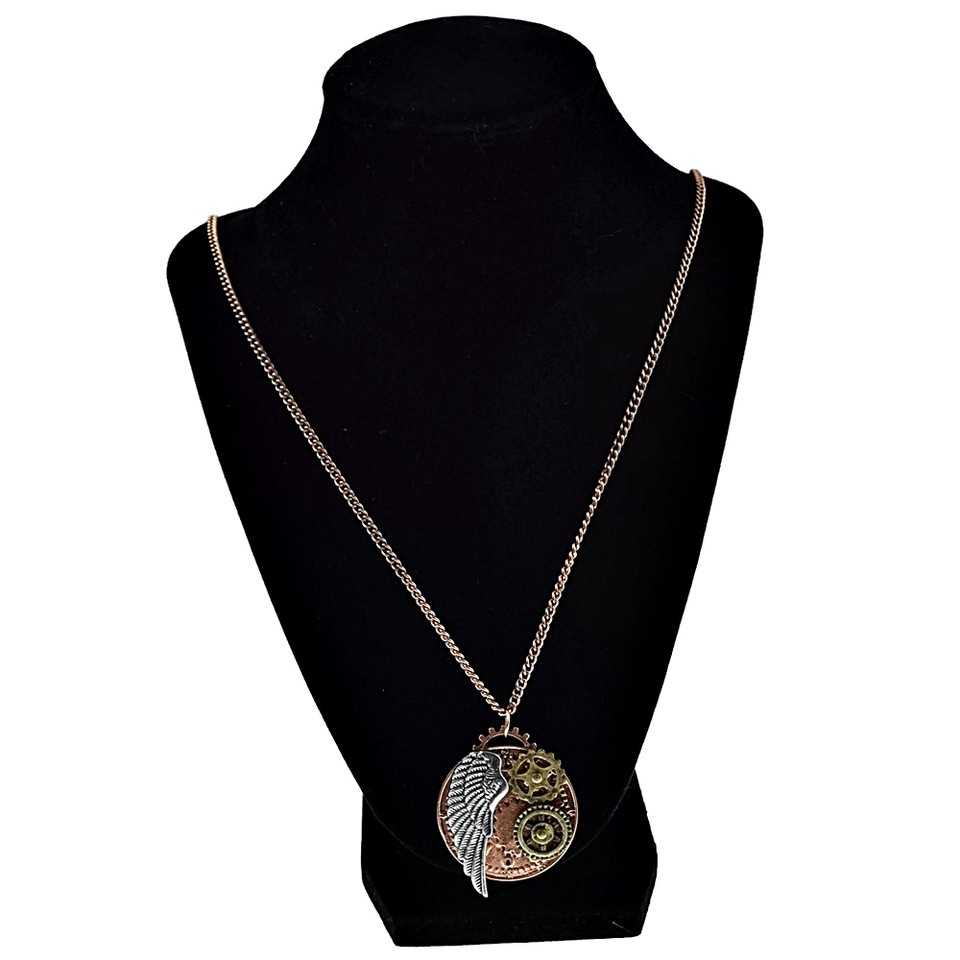 Steampunk Necklace Gears Angel Wing Clockwork Copper Tone Antique Style ...