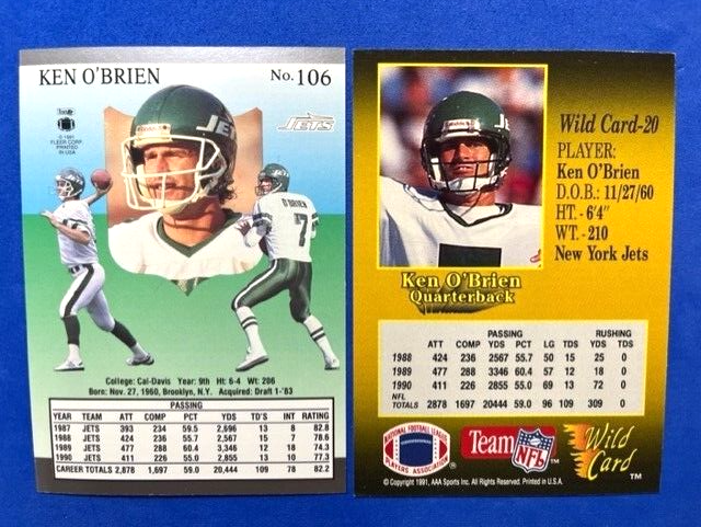 NFL - Ken O'Brien 1991 Fleer Ultra & 1991 Wild Card Football - Jets | eBay