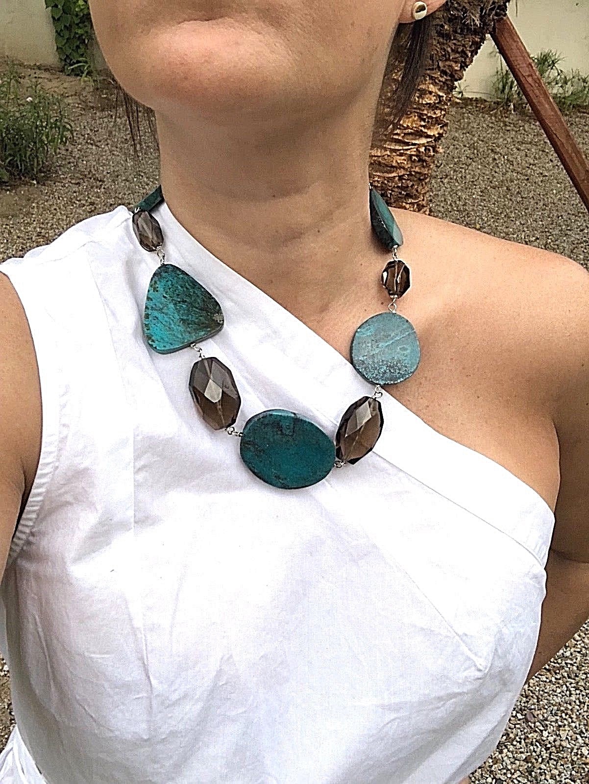 DEB GUYOT TURQUOISE SLABS SMOKY QUARTZ FACETED BEAD STERLING NECKLACE ...