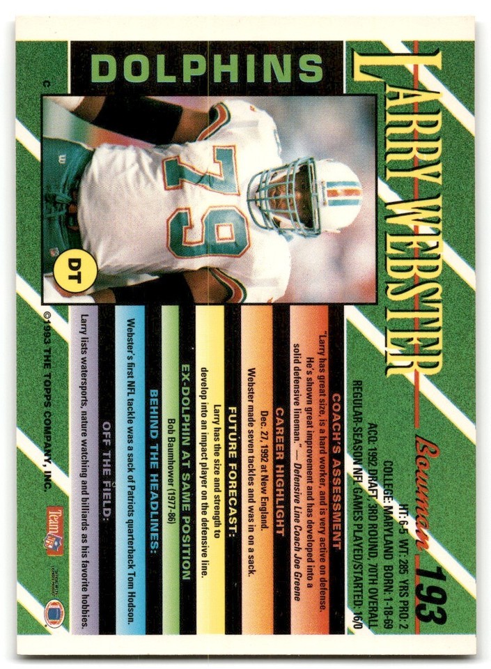 1993 Bowman Football Card Larry Webster #193 Miami Dolphins | eBay