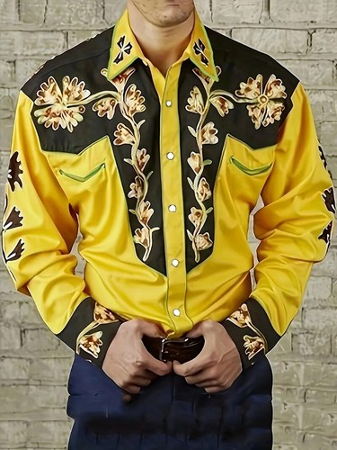 Yellow Floral Luxury Western Cowboy Long Sleeve Button Up Shirt Mexican ...