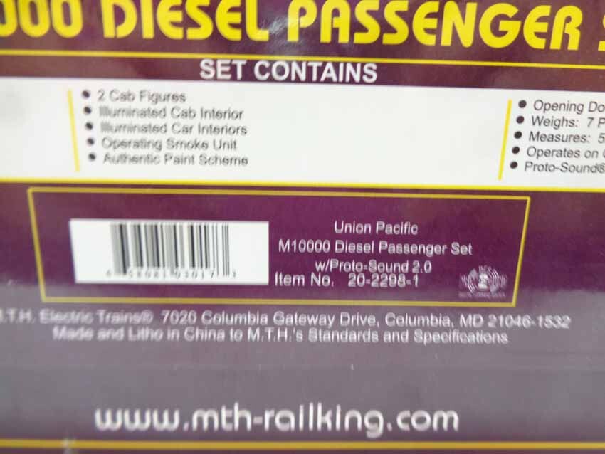 MTH PREMIER UNION PACIFIC M10000 DIESEL ENGINE PASSENGER SET PROTO 2 20 ...