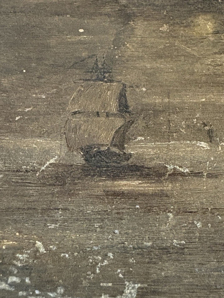 ARTWORK SAILBOAT OCEAN SCENE ON A FLAT ROCK OLD FIND TWO DOLPHINS ...