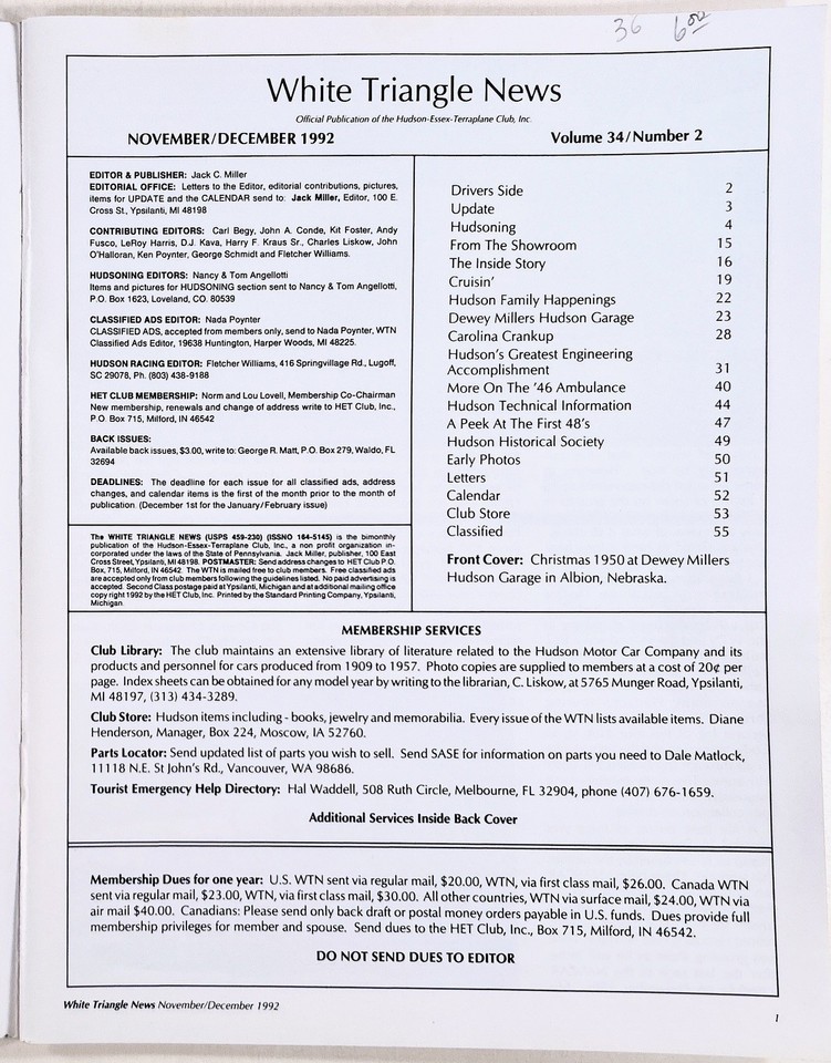 1992 Nov WHITE TRIANGLE NEWS Hudson Essex Terraplane restoration AUTO ...