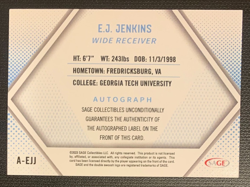 2023 Sage HIT Football - Autograph Card - EJ Jenkins - Georgia Tech | eBay