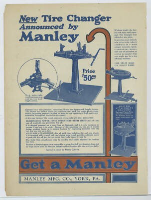 1925 Manley Garage Tools Ad: Manley Tire Changer & Solid Rim Attachment ...