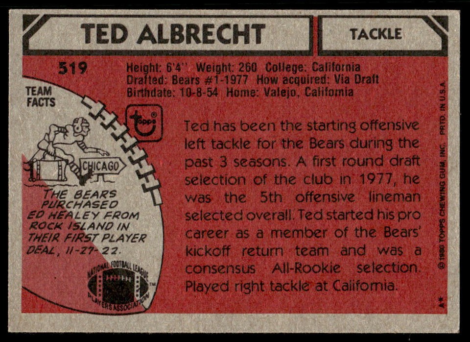 Ted Albrecht 1980 Topps AUTOGRAPH Bears IP AUTO Football Card | eBay