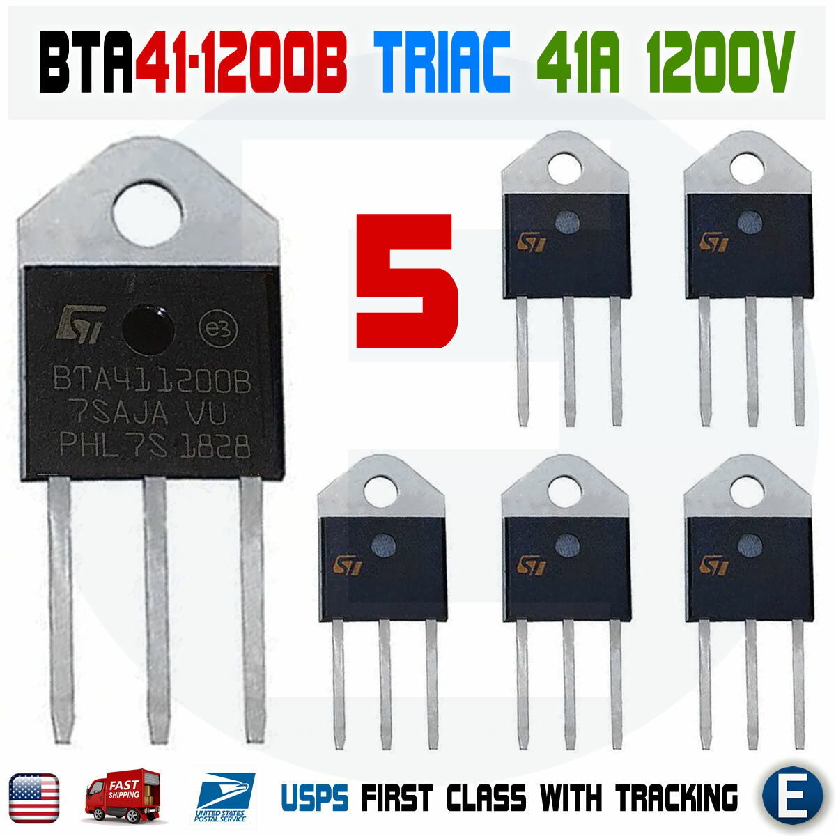 5Pcs BTA41-1200B Triac ST MICRO Thyristor BTA411200B STM 41A 1200V TO-3 ...