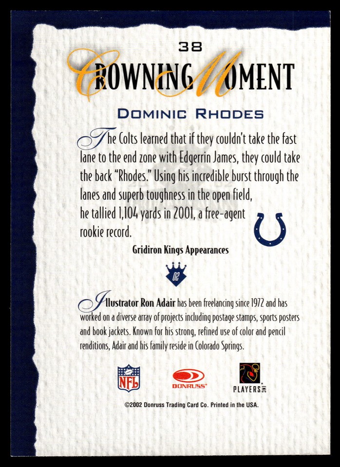2002 Donruss Gridiron Kings #38 Dominic Rhodes NRMT or Better | eBay
