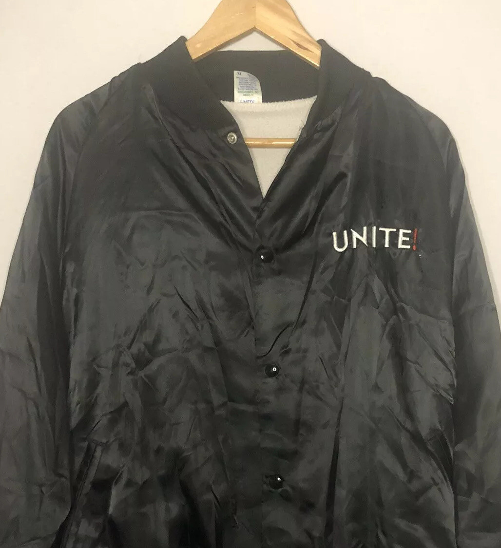 Rare Vtg Satin Jacket Embroidered Union Textile Black UNITE Men Large ...