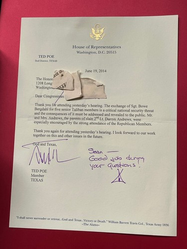 Ted Poe Signed Personal Note Letter to Member House of Representatives ...
