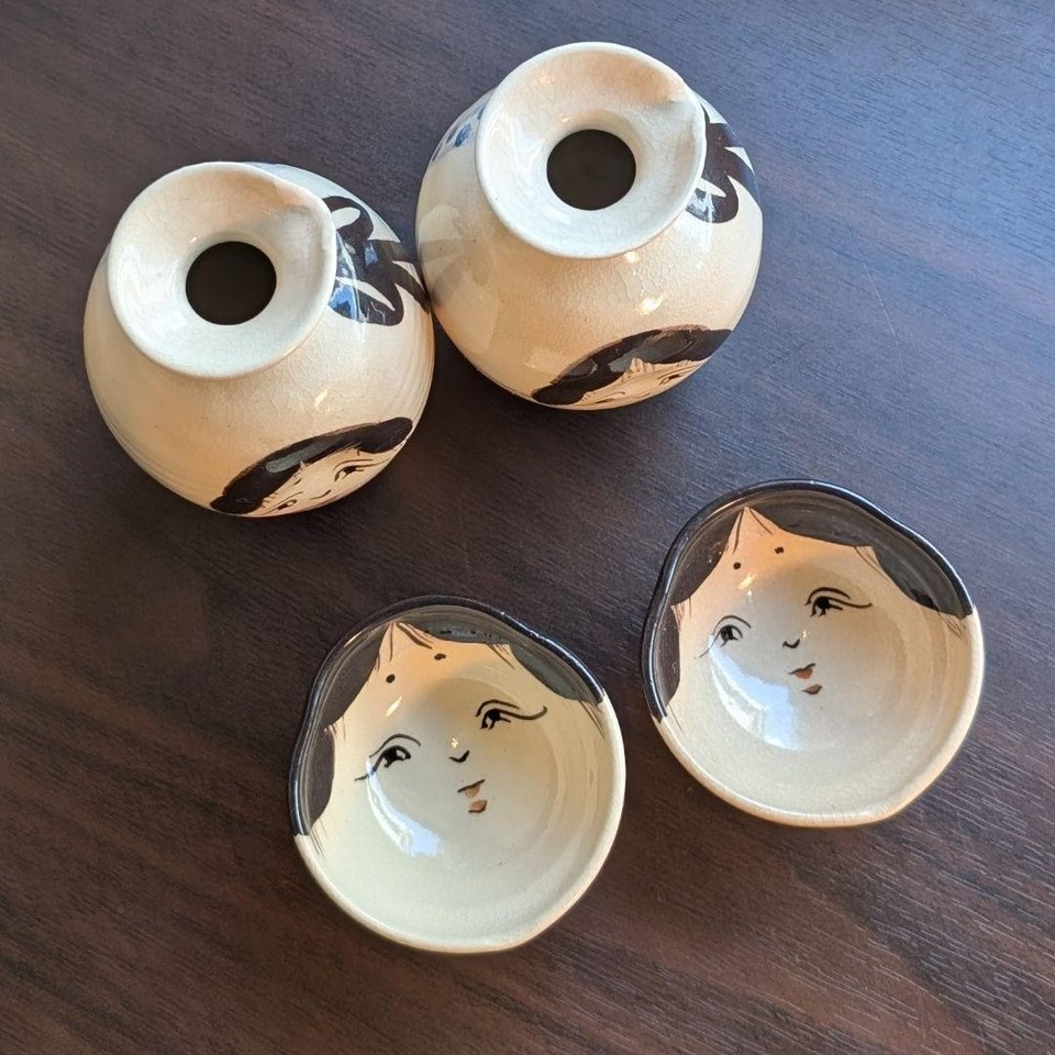 Okame Hyottoko Set of 2 Sake Bottle Tokkuri Cup Guinomi Ochoco Drinking ...