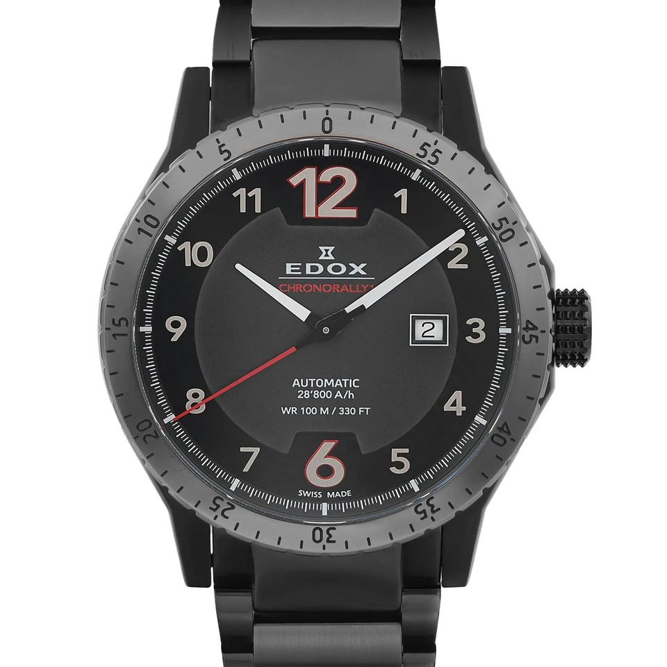 Edox Chronorally 1 Steel 45mm Black Dial Automatic Mens Watch 80094 ...