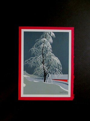 # 424 VTG Eyvind Earle Xmas Greeting Card "Snow Covered Tree" W/ Red ...