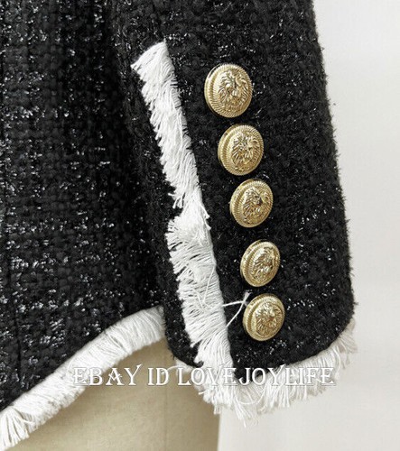 Tweed TEXTURED BLAZER WITH CONTRAST PIPING Double Breasted Gold Buttons Jacket | eBay