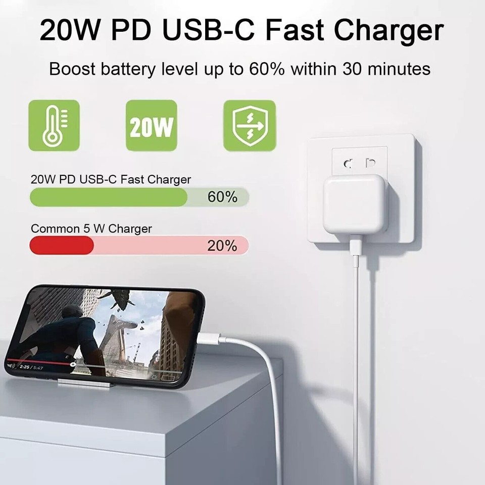 Genuine 20W USB Type C For Apple PD Power Adapter Plug & Cable Fast ...