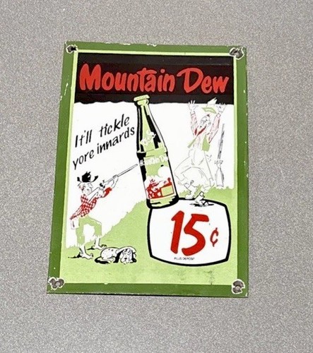 VINTAGE 12” MOUNTAIN DEW SODA COLA PORCELAIN SIGN CAR GAS OIL TRUCK ...
