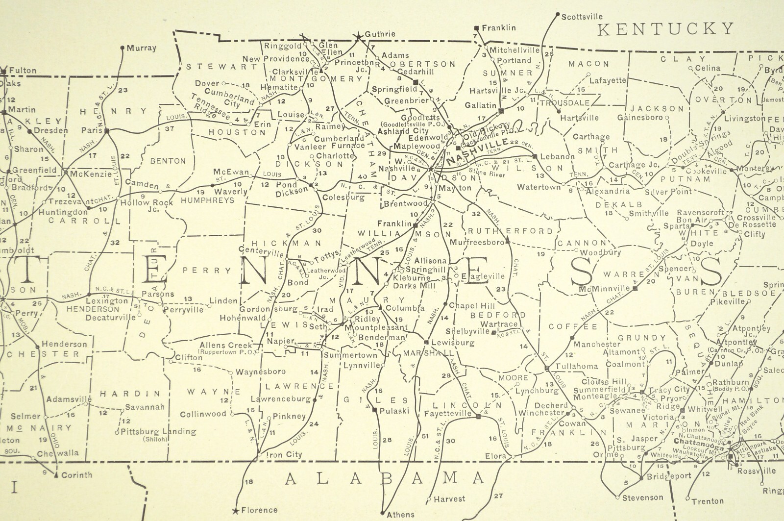 Vintage TENNESSEE Map Railroad Mileage Wall Art 1920s Nashville Antique ...