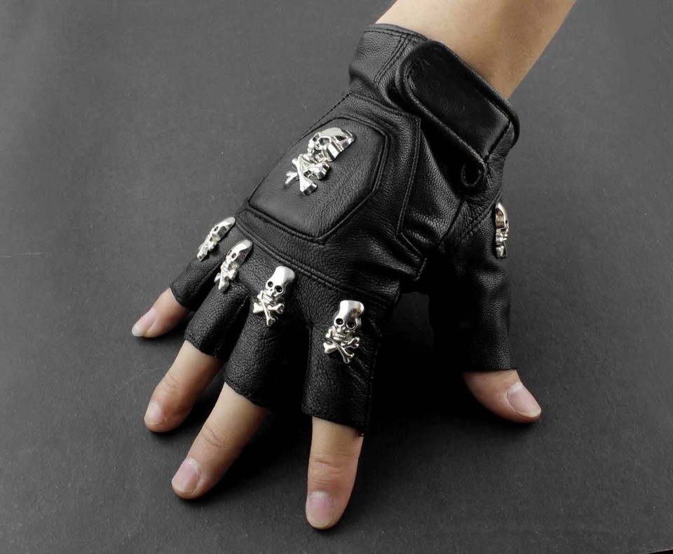 Mens Real Leather Skull Punk Rocker Driving Motorcycle Biker Fingerless ...