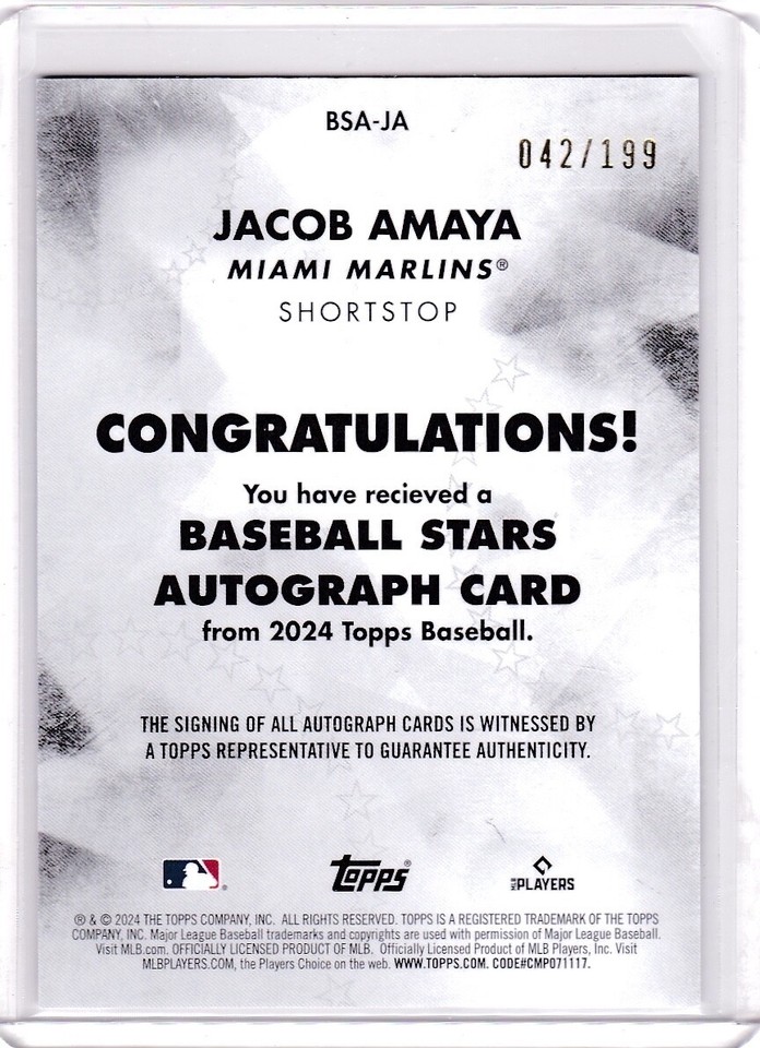 Jacob Amaya /199 BLACK PARALLEL ROOKIE AUTO 2024 Topps #BSA-JA | eBay