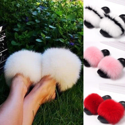 Real Farm Fox Fur Slippers Fluffy Women's Furry Home Sliders Beach | eBay