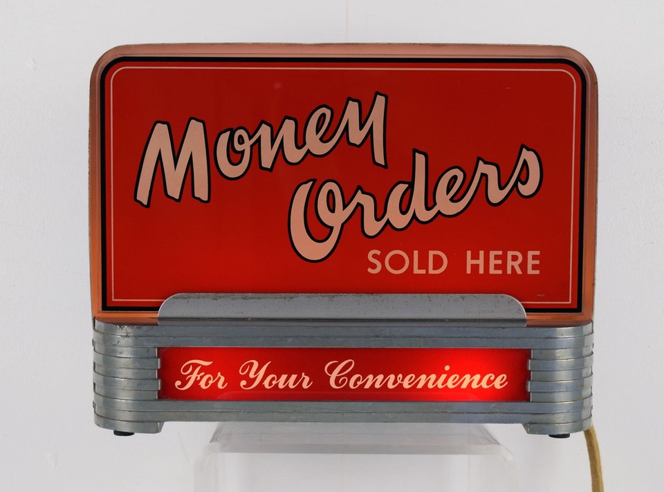 Art Deco Money Orders Sold Here Light Up Counter Sign 12 Inches Wide 9. ...