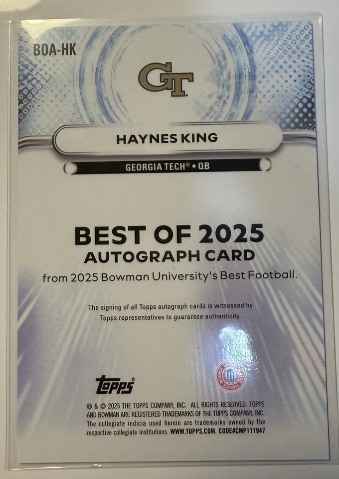 Haynes King 2025 Bowman Best U Blue Refractor Auto /150#BOA-HK Georgia ...