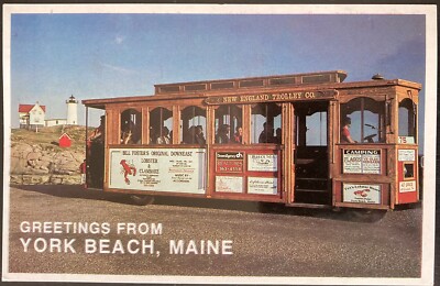 TRAIN POSTCARD (M56)~LIGHTHOUSE AND TOURIST TROLLY AT YORK BEACH, MAINE ...