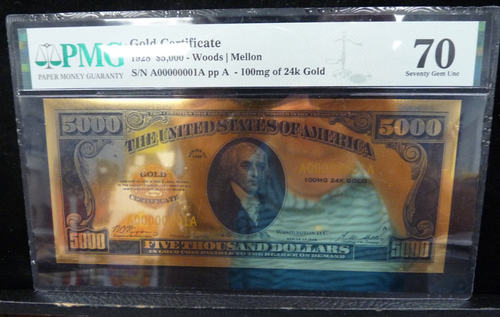 100mg 24K Gold 1928 $5000 Dollar Bill Gold Certificate Banknote Graded ...