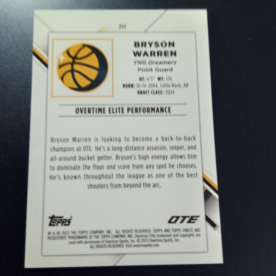 2023 Topps Finest Basketball Pink Bryson Warren #20 Numbered Card 96/ ...