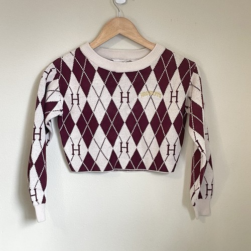 H&M Hogwarts Girls 8/10 Argyle Jacquard Knit Sweater Maroon Ivory Harry ...