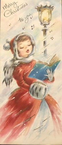 Vtg Christmas Greeting Card Beautiful Girl Singing Carols On Snowy Cold ...