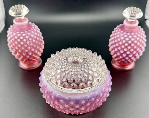 Fenton Cranberry Opalescent Glass Hobnail Dresser Set Puff Box 2 ...