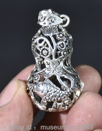 1.6" Old Chinese Miao Silver Feng Shui Hollow Out Fish Lotus Lucky ...