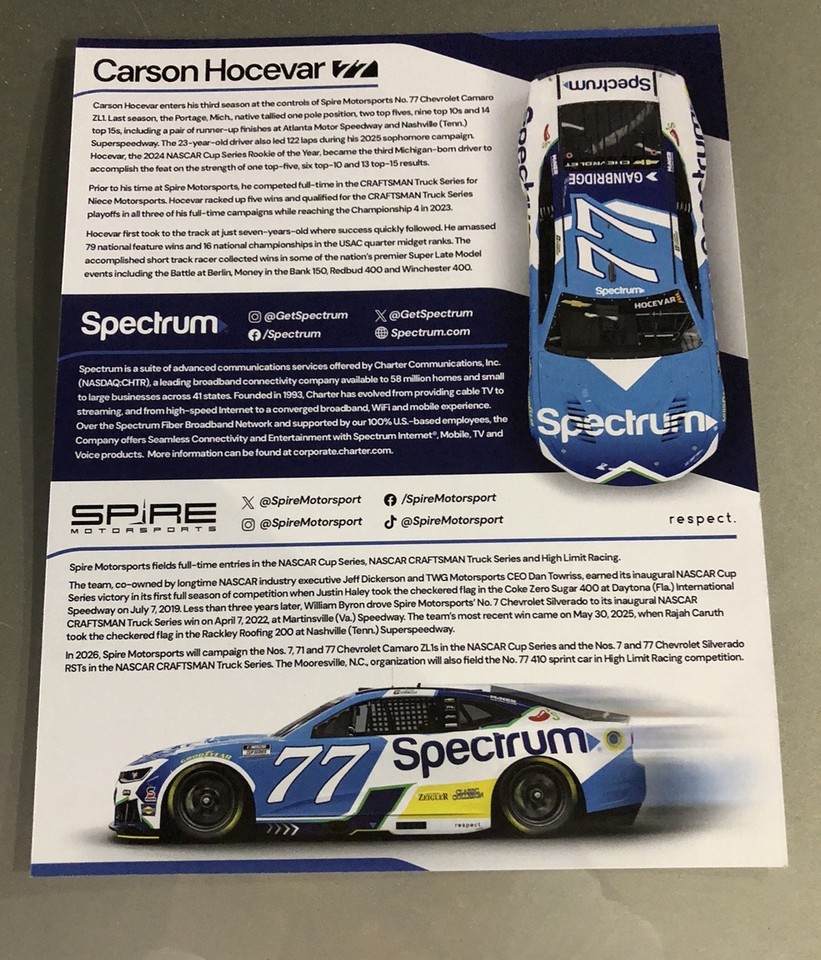 Nascar Driver #77 Carson Hocevar Spectrum 2026 Postcard | eBay