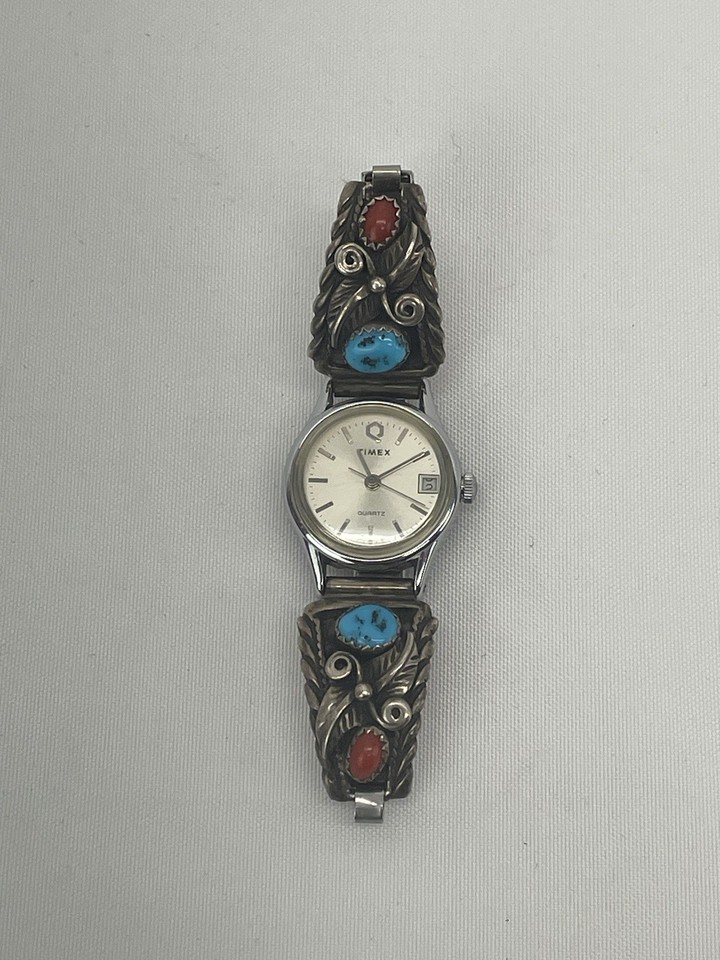 VTG Sterling Silver Turquoise Coral Watch Bracelet Speidel Sharp Quartz ...