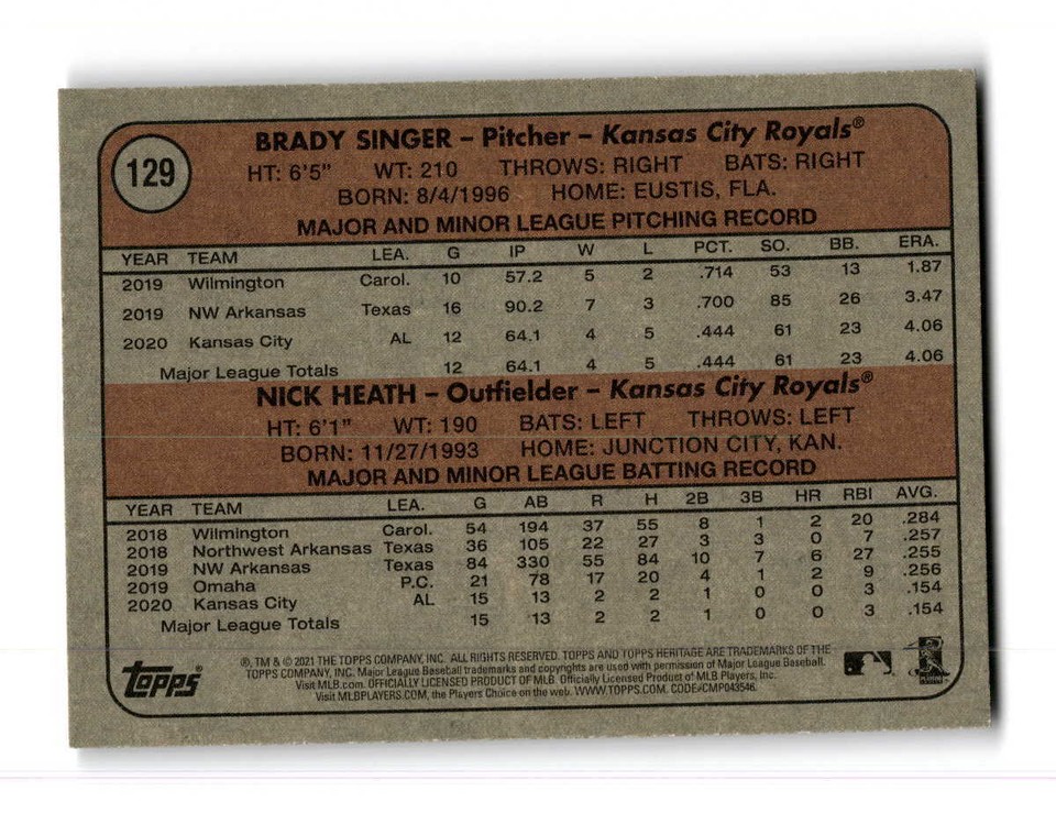2021 Topps Heritage 2021 Rookie Stars Brady Singer / Heath RC 129 | eBay