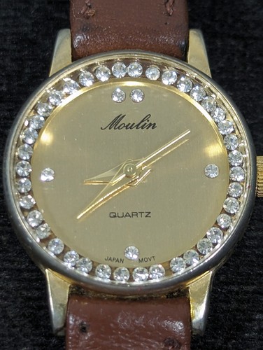 Moulin Gold Tone Dial Crystal Accent Round Case Brown Braided Leather ...