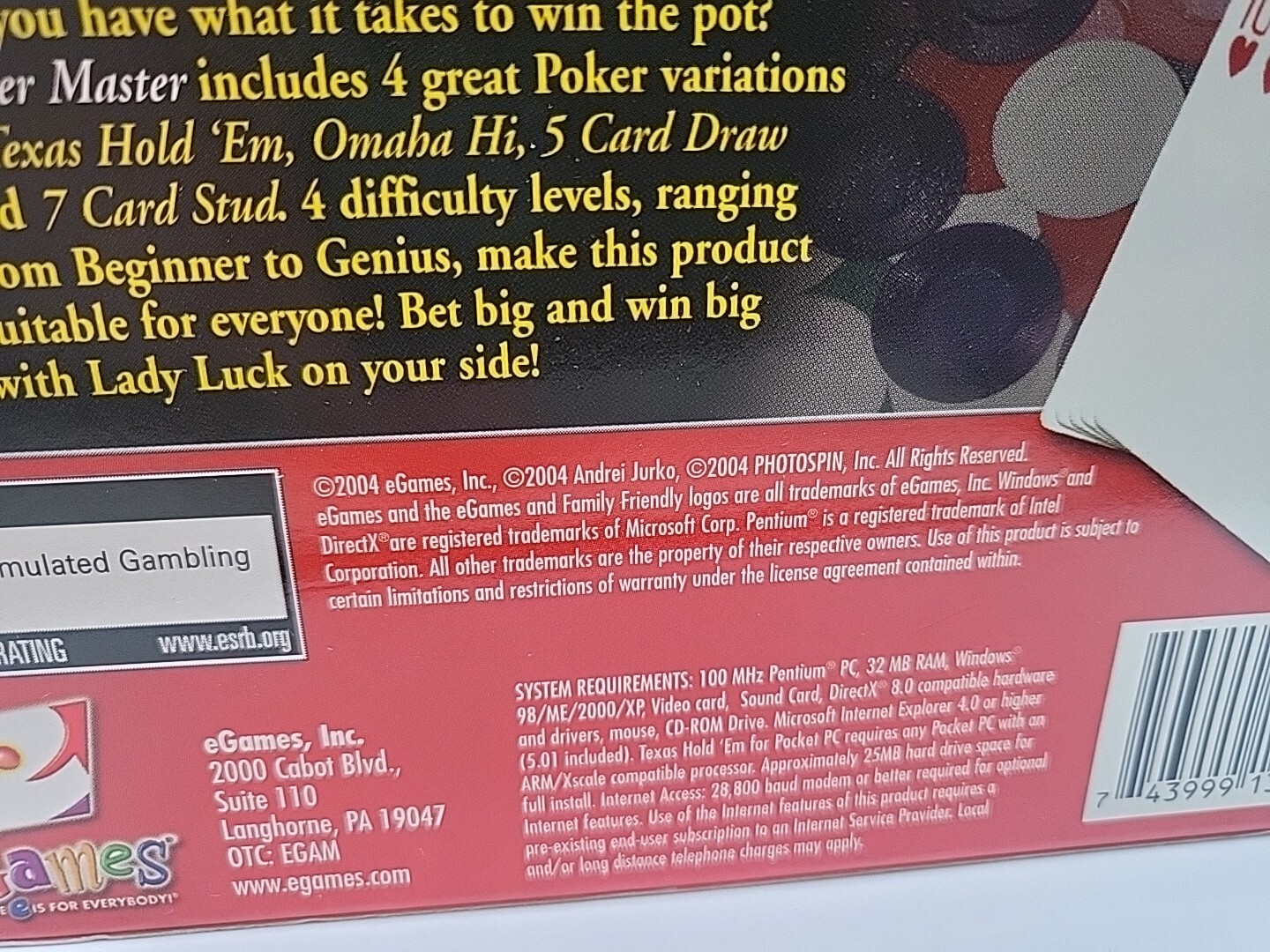 Poker Master 2004 eGames PC CD-ROM 02-2450-10 Windows 98 ME 2000 XP ...