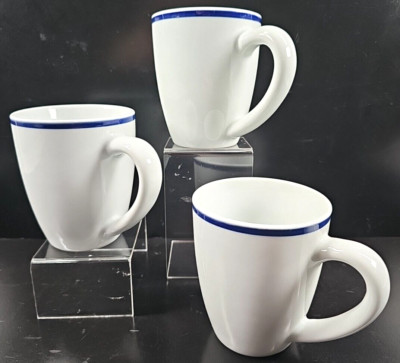 (3) Oneida Maitre De Mugs Set Blue White Restaurant Ware Styled Coffee ...