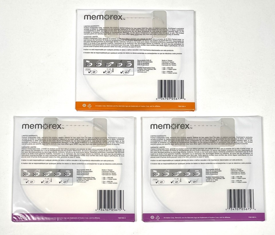 LOT 3 MEMOREX 2pk (6 Total) 16X 4.7GB/Go 120min DVD+R DVD Plus R NIP ...