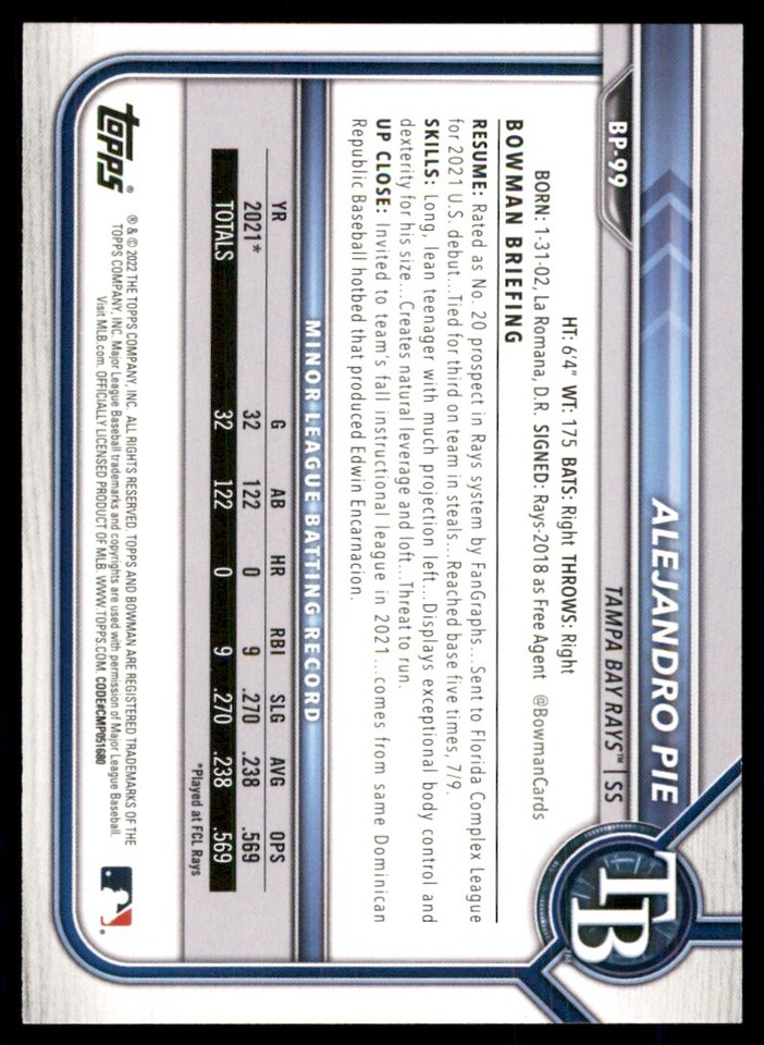 2022 Bowman Alejandro Pie Baseball Cards #BP-99 | eBay