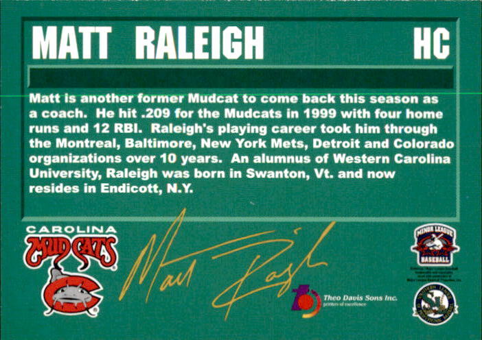 2003 Carolina Mudcats Team Issue #23 Matt Raleigh Hitting Coach NM ...