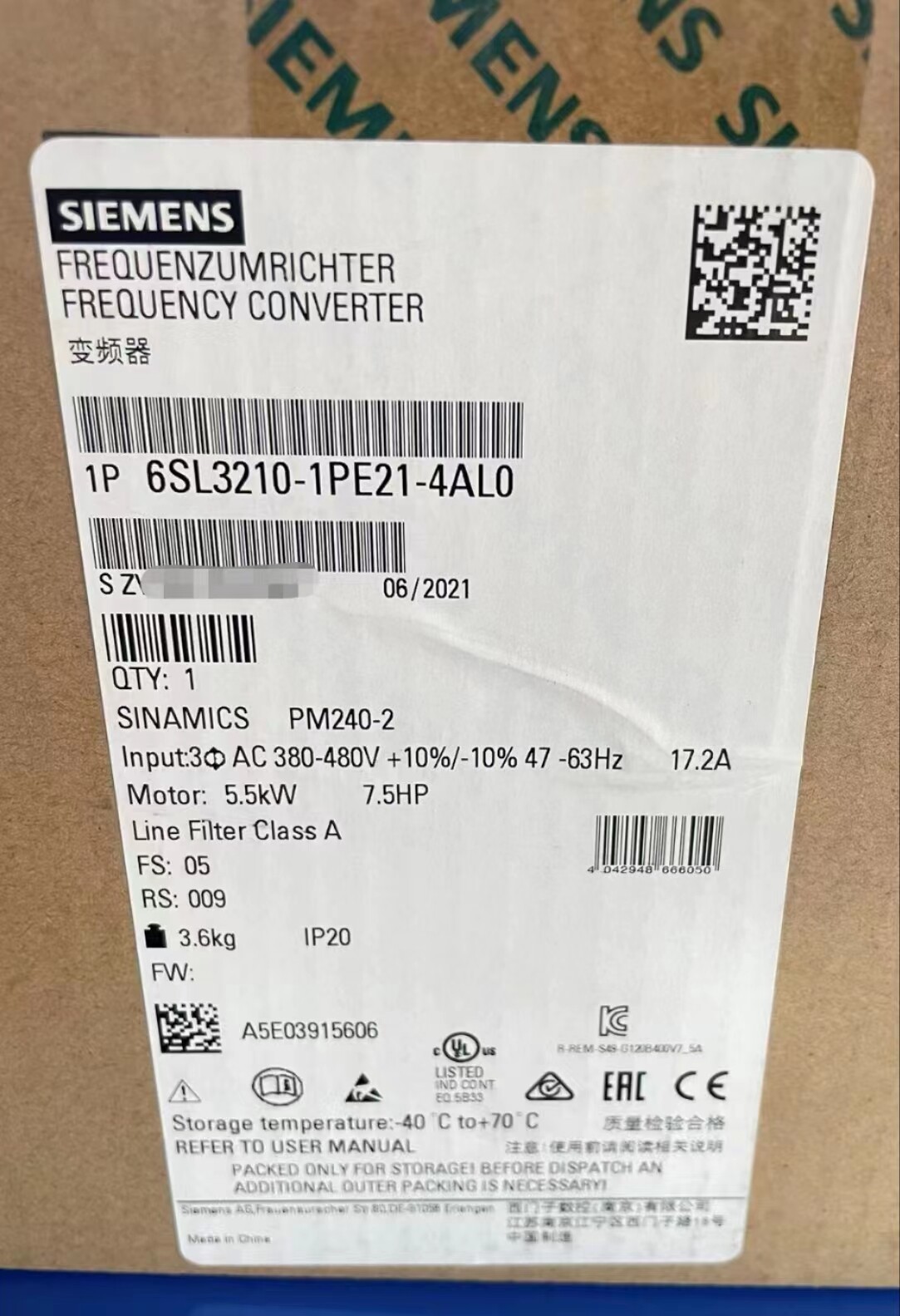 Siemens SINAMICS Power Module PM240-2 | 6SL3210-1PE21-4AL0 ...