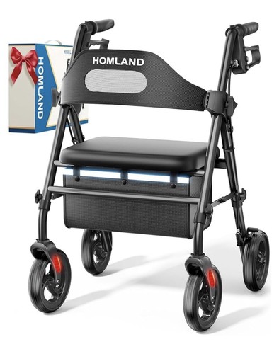 HOMLAND Foldable Rollator Walkers with Seat for Seniors, 8'' Big Wheels ...