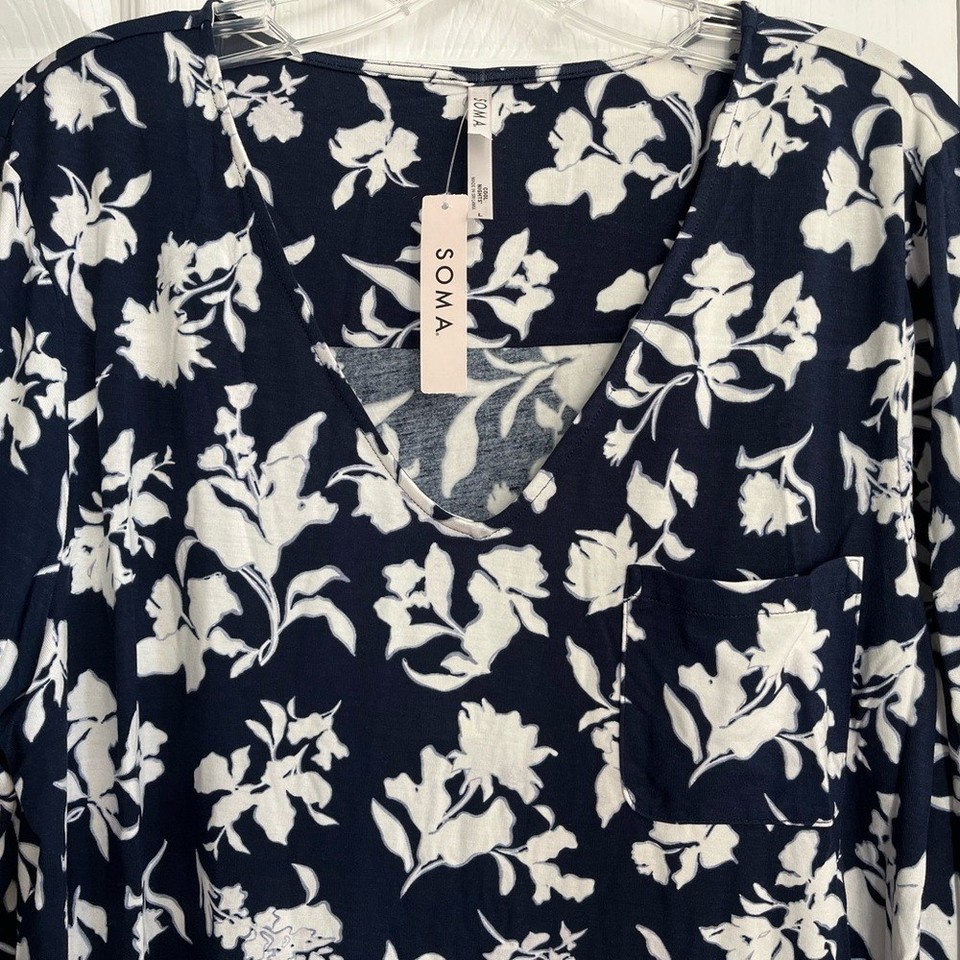 Soma Cool Nights Long Sleeve V Neck Sleep Shirt Women Large Navy Floral ...
